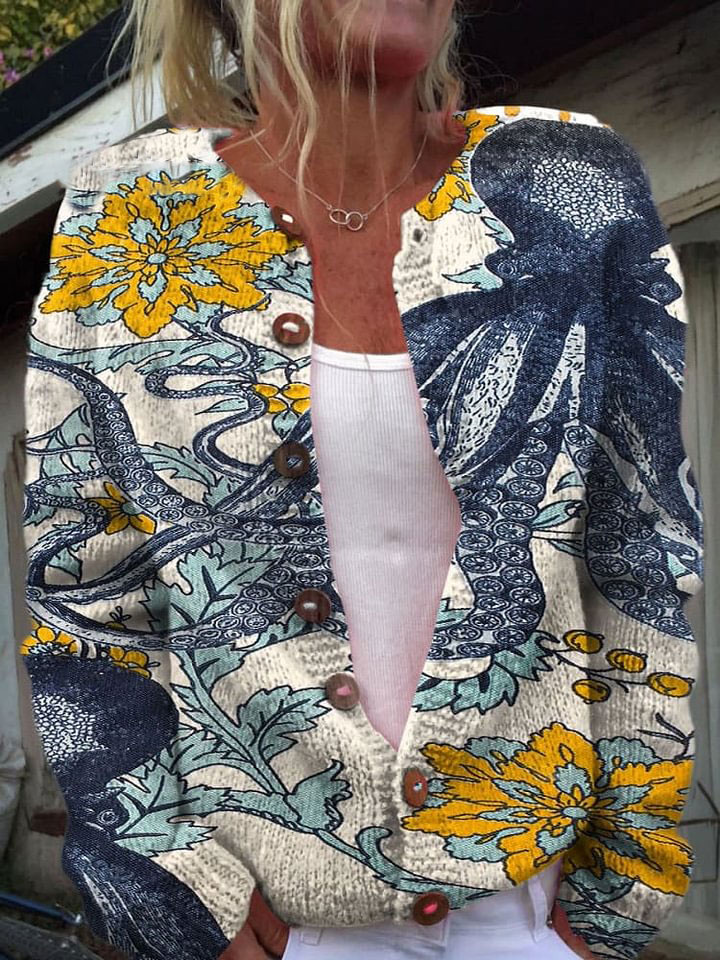 Vintage Fish Octopus Art Print Buttoned Cardigan Sweater