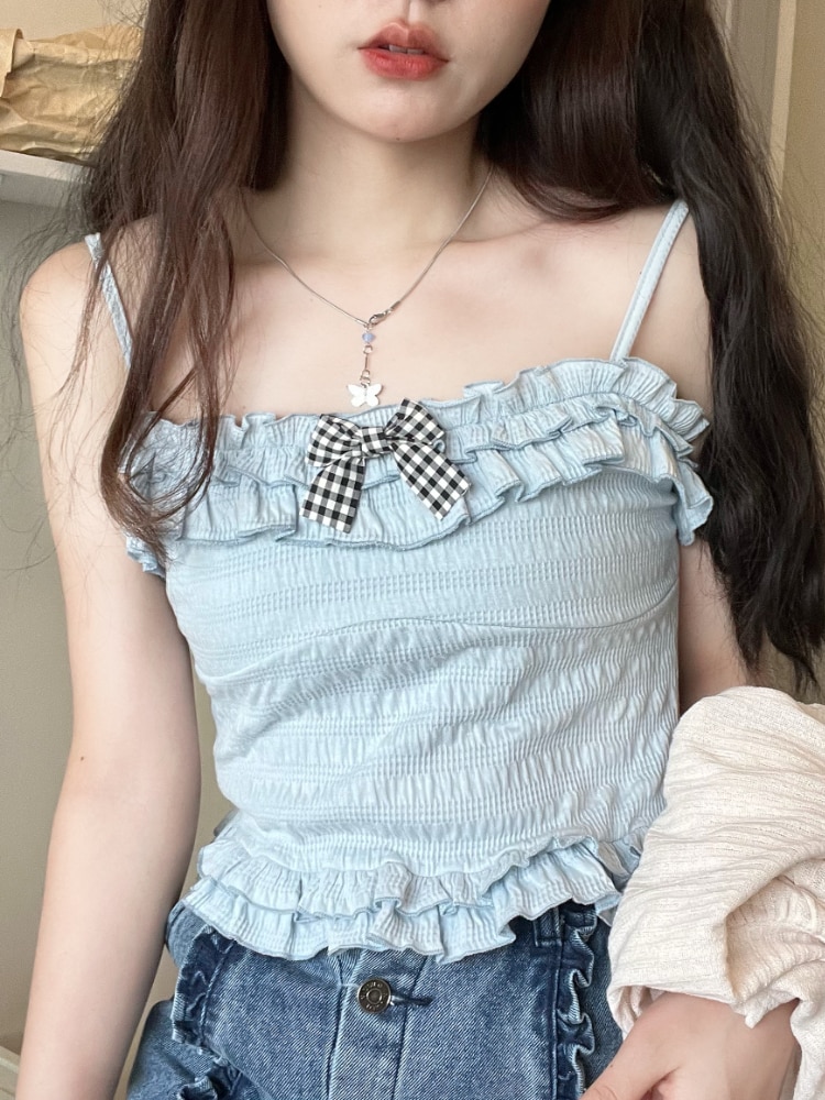 Fongt Japanese Kawaii Sweet Tank Top Women Bow Designer Korean Style ...