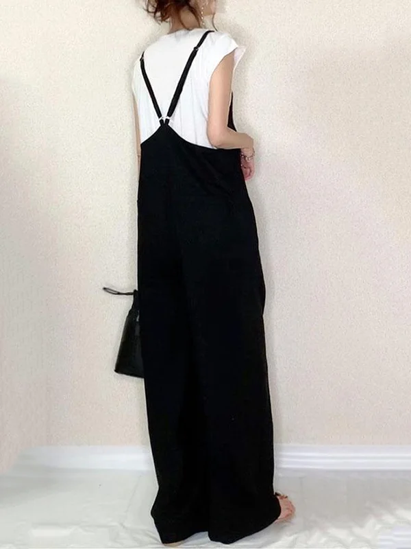 Effortless Chic: Sleeveless Solid Color Split-Joint Spaghetti-Neck Overalls