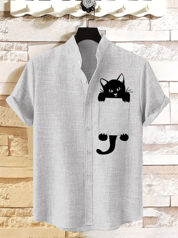Funbibi Men'S Cat Print Linen Blend Shirt