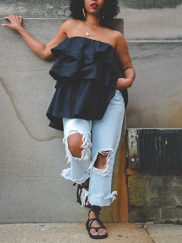 Elegant A-Line Tube Vest Top with Layered Ruffles and Elastic Fit