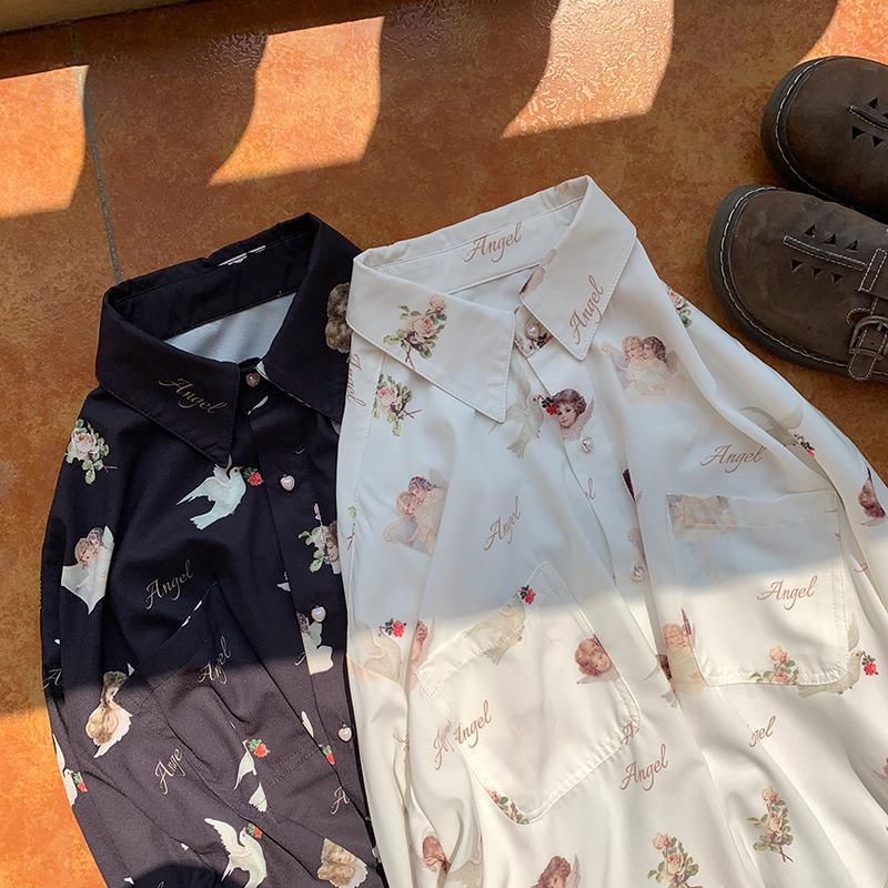 ANGEL PRINT LONG SLEEVE CHIFFON SHIRT