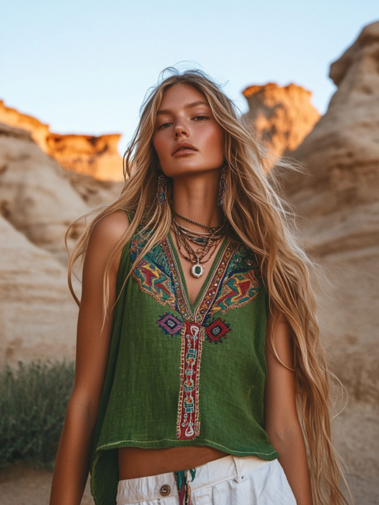 Lunivibe Women's Bohemia Floral Ethnic Style Linen V-neek Sleeveless Top