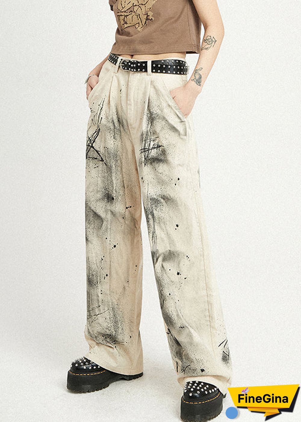 FineGina Fitted White Print High Waist Sashes Straight Pants Fall