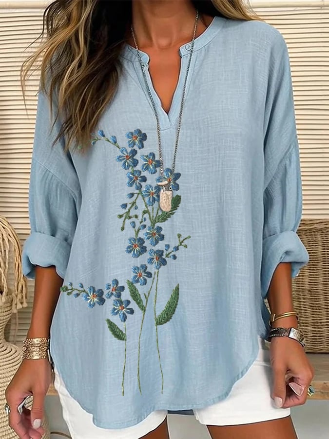 Women's Forget-Me-Not Floral Print Alzheimer's Awareness Linen Shirt