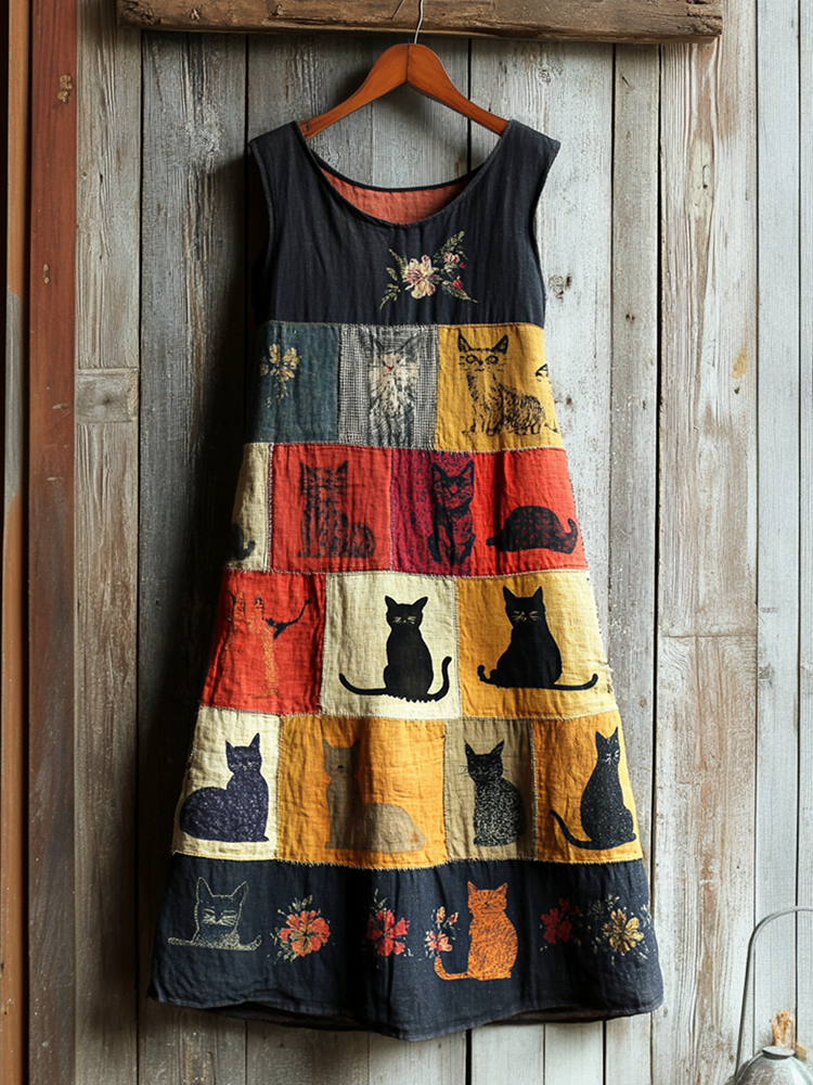 Women's Pop Art Cat Patchwork Design Cotton Line Vest Dress