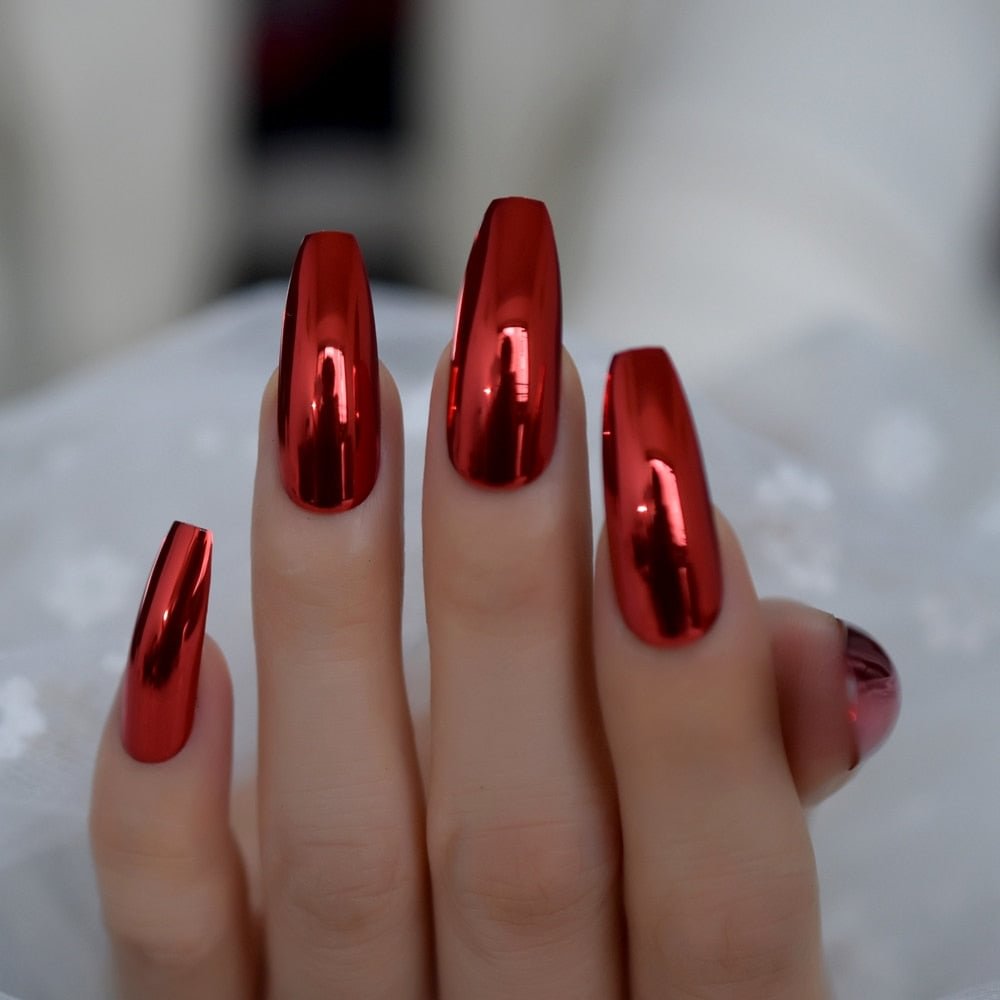Gorgeous Mirror Fake Nails Sexy Red Metallic Ladies Fingernails Extra ...