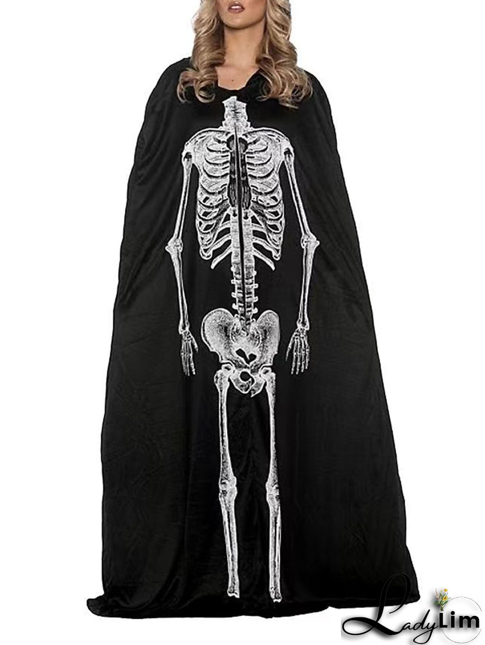 Halloween Skeleton Graphic Hooded Maxi Dress Cloak - Ladylim