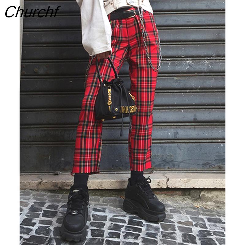 Churchf Punk Streetwear Red Plaid Striaght Pant Women Gothic Harajuku ...