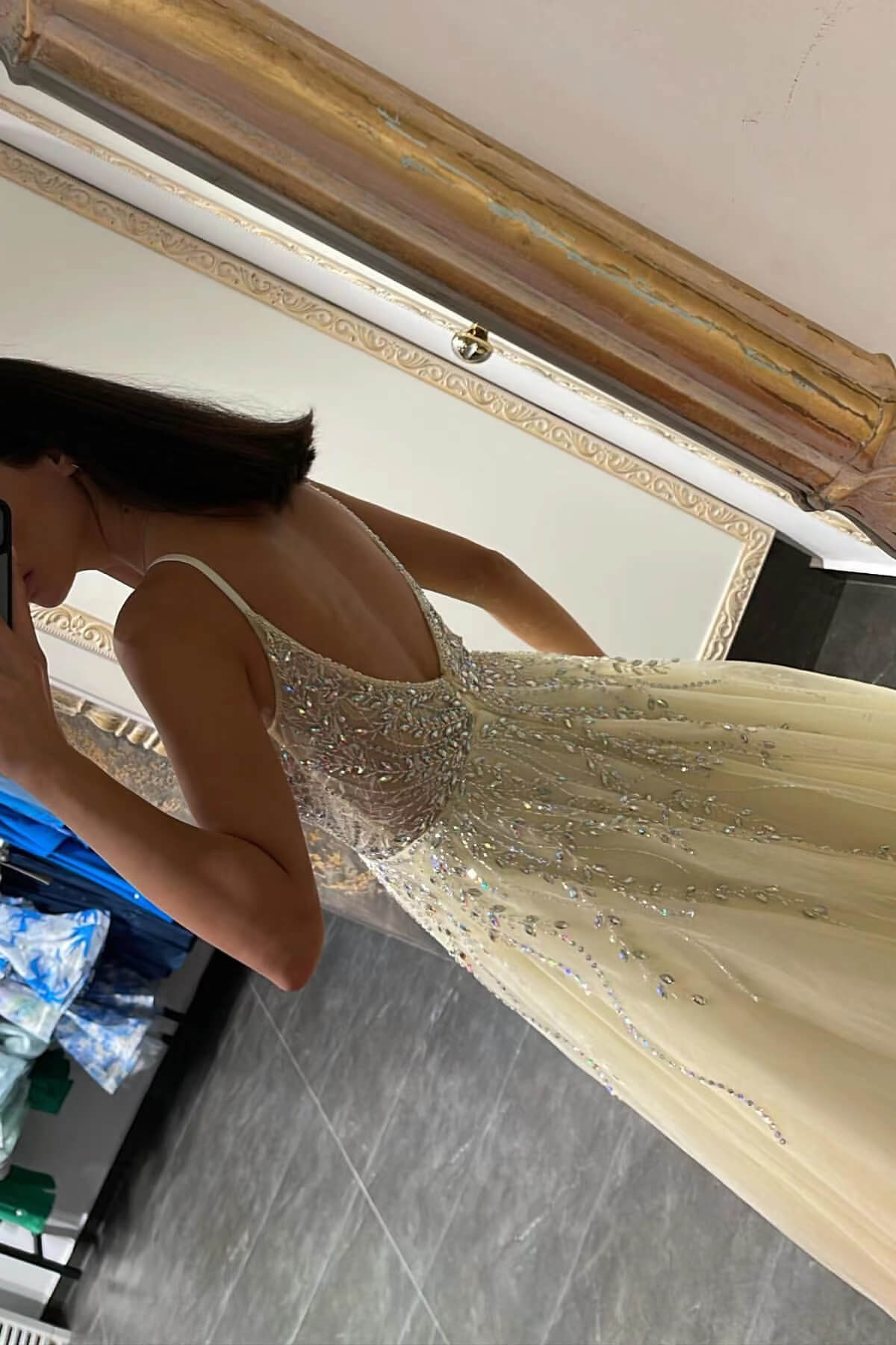 Daisda Daffodil Tulle Spaghetti Straps Prom Dress A Line With Beadings