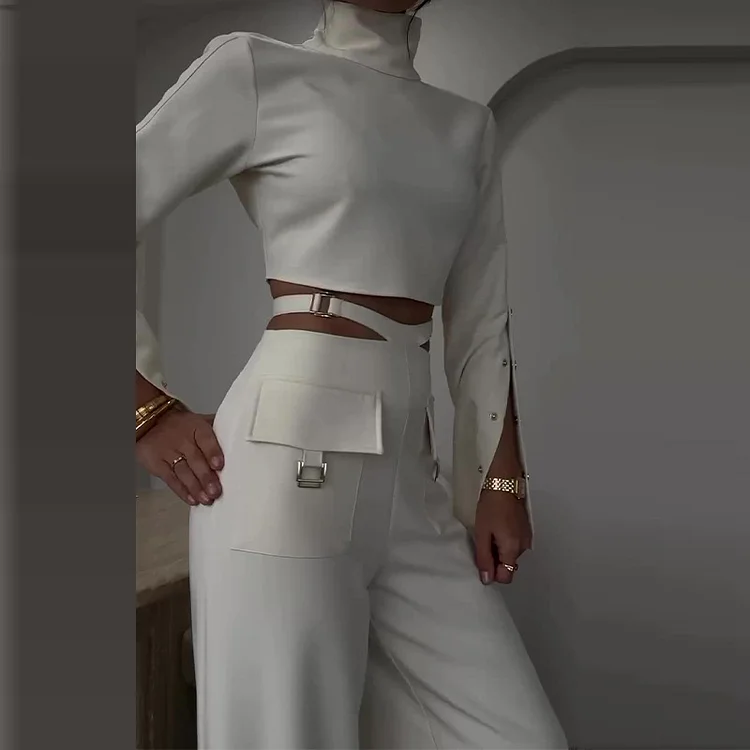 SCACTO High Collar Midriff-baring Loose Wide Leg Library Suit 52.99