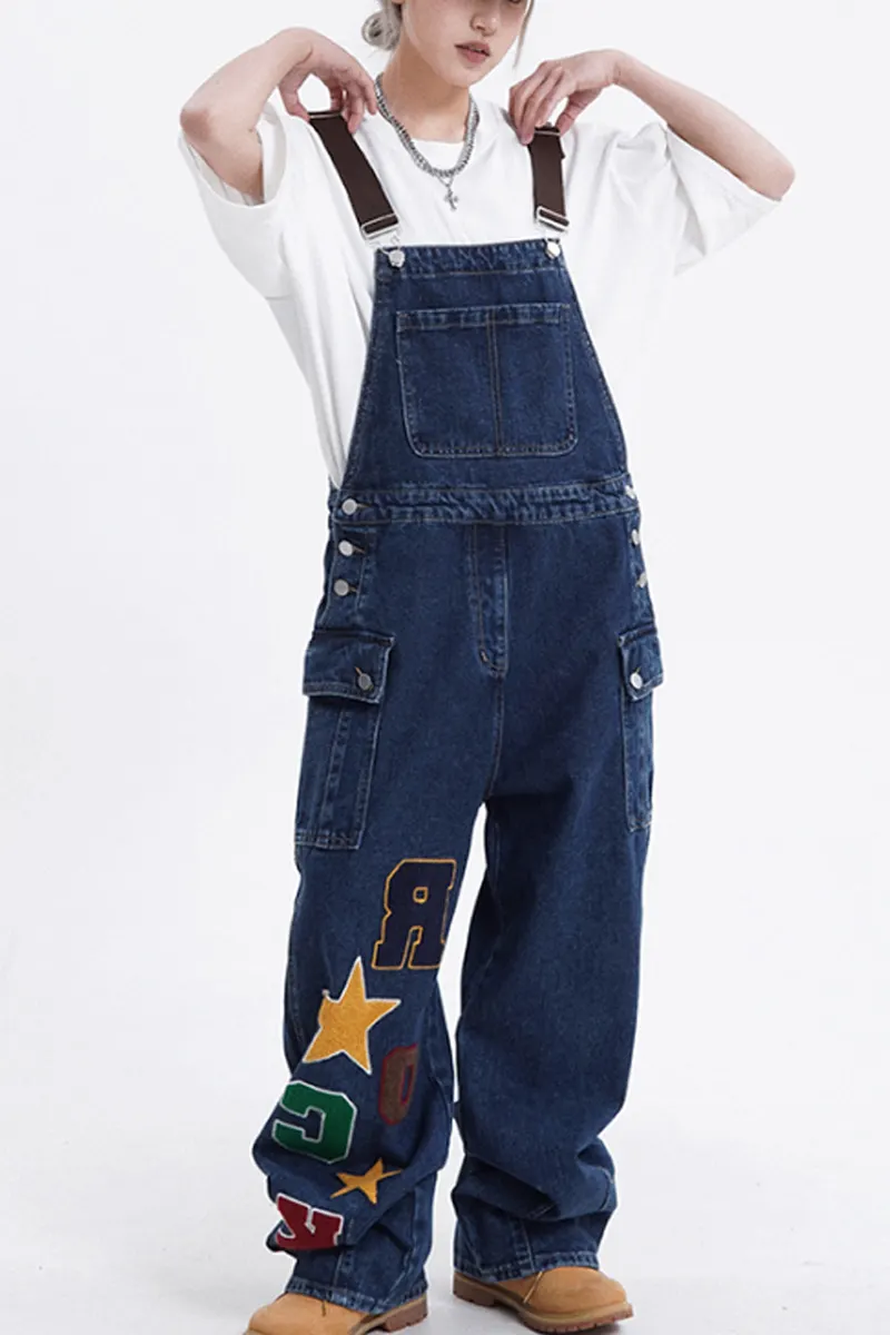 ROCK EMBROIDERED HIP HOP DENIM OVERALLS