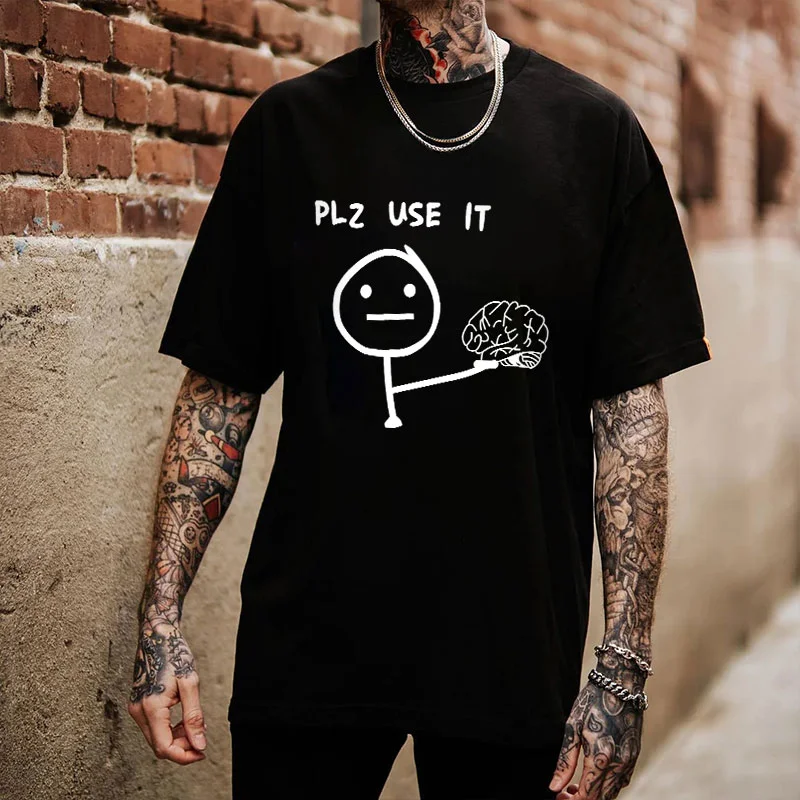 PLZ USE IT Stick Figure Modern Black Print T-Shirt
