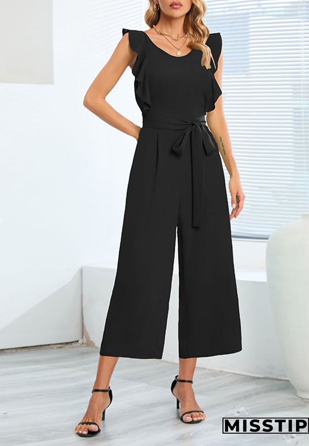 Ruffle Shoulder Cropped Jumpsuit - MissTip