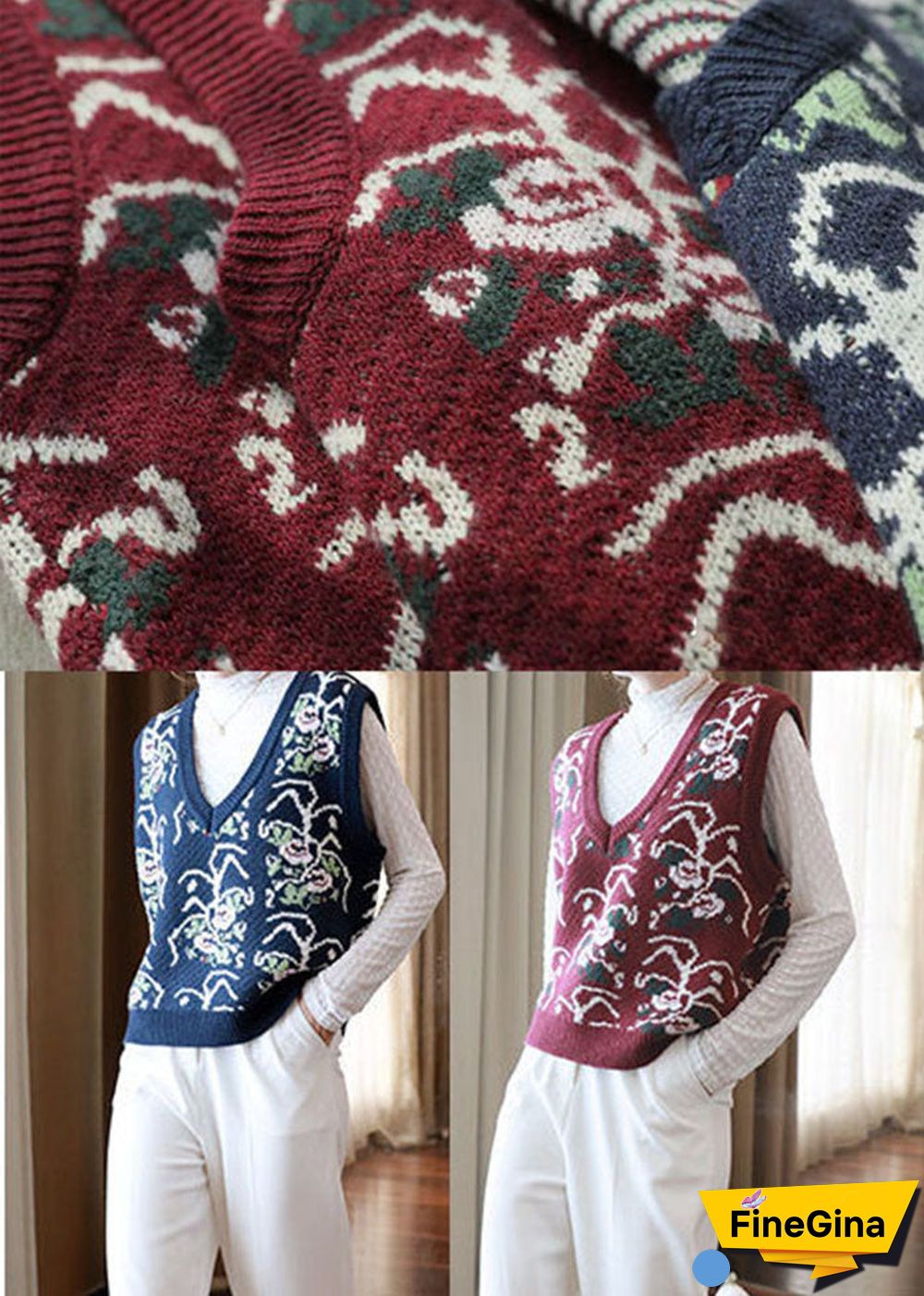FineGina Blue Print Knit Vests V Neck Oversized Sleeveless