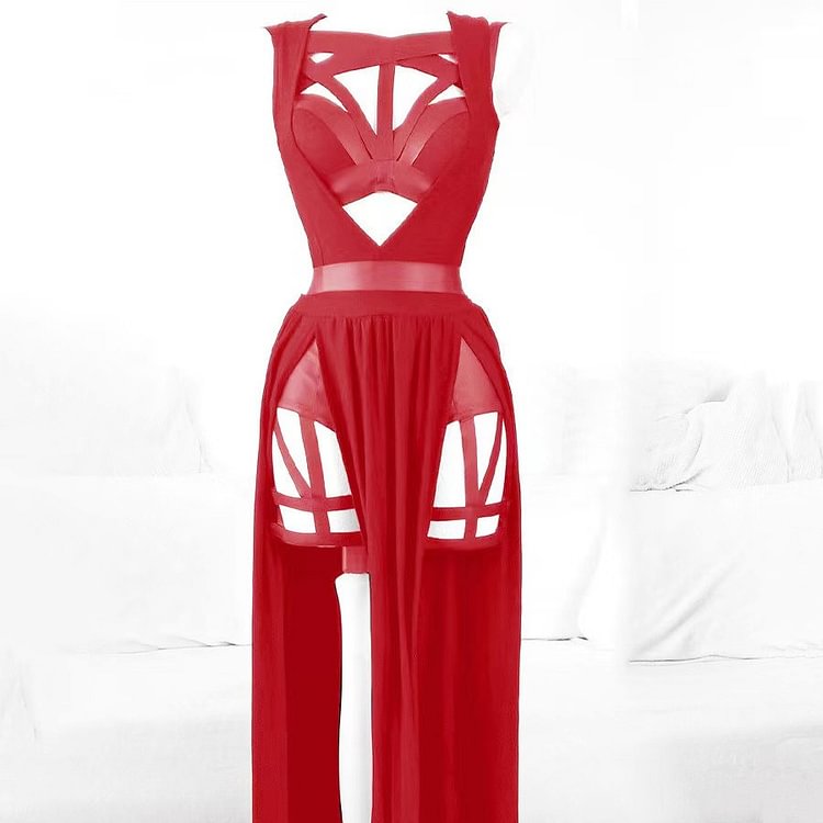 Sexy Girl Bandaged Cutout Solid Color High Split Mesh Sets