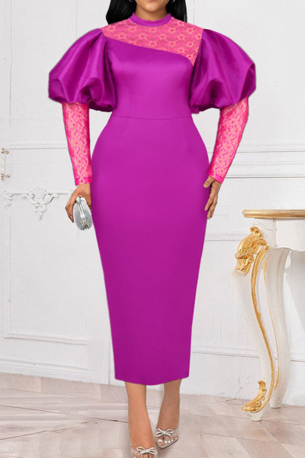 Lace Patchwork Retro Puff Sleeve Midi Dress
