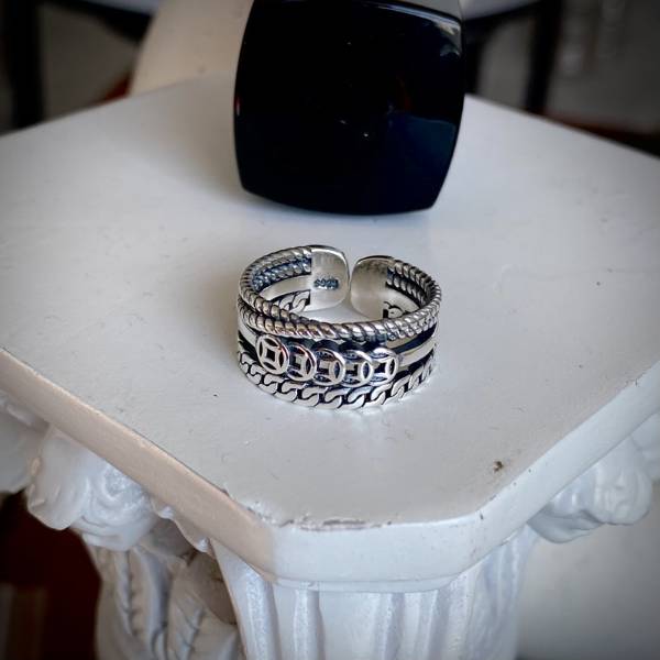Sterling Silver Five Blessings Copper Coin Fortune Ring
