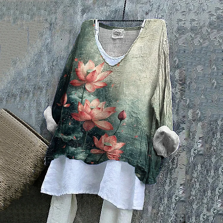 Vintage Retro Lotus Inspired Design Art Linen Blend Tunic