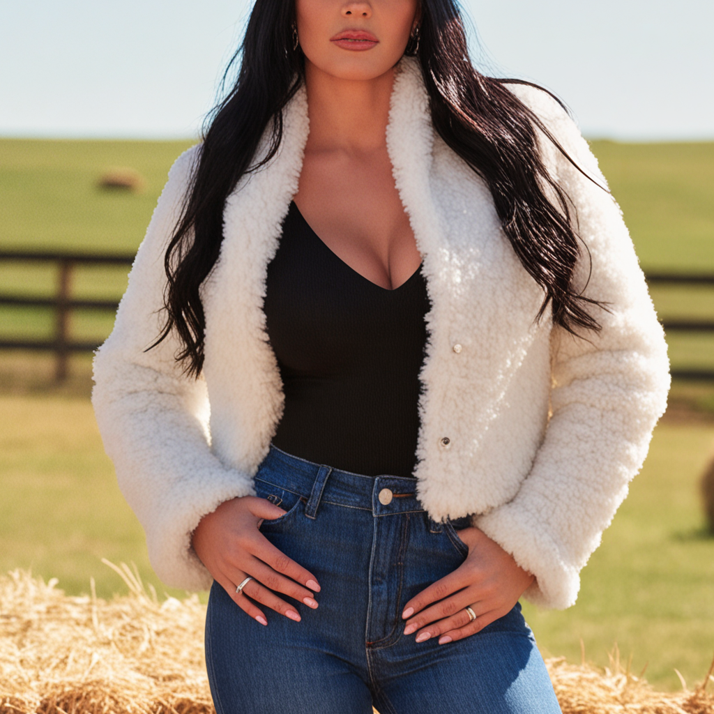 ingshows Women's Chic Farmhouse Style Fuzzy Jacket And Denim Jeans 52.69