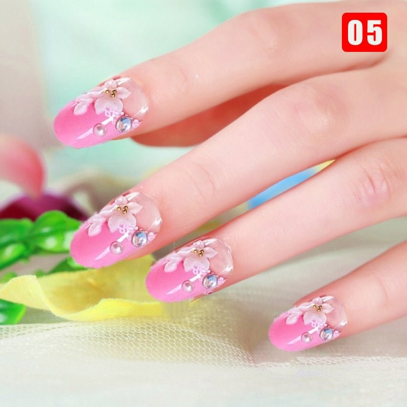 24pcs Ladies Fake Nails Transparent Floral Beads Decor DIY Bride False ...