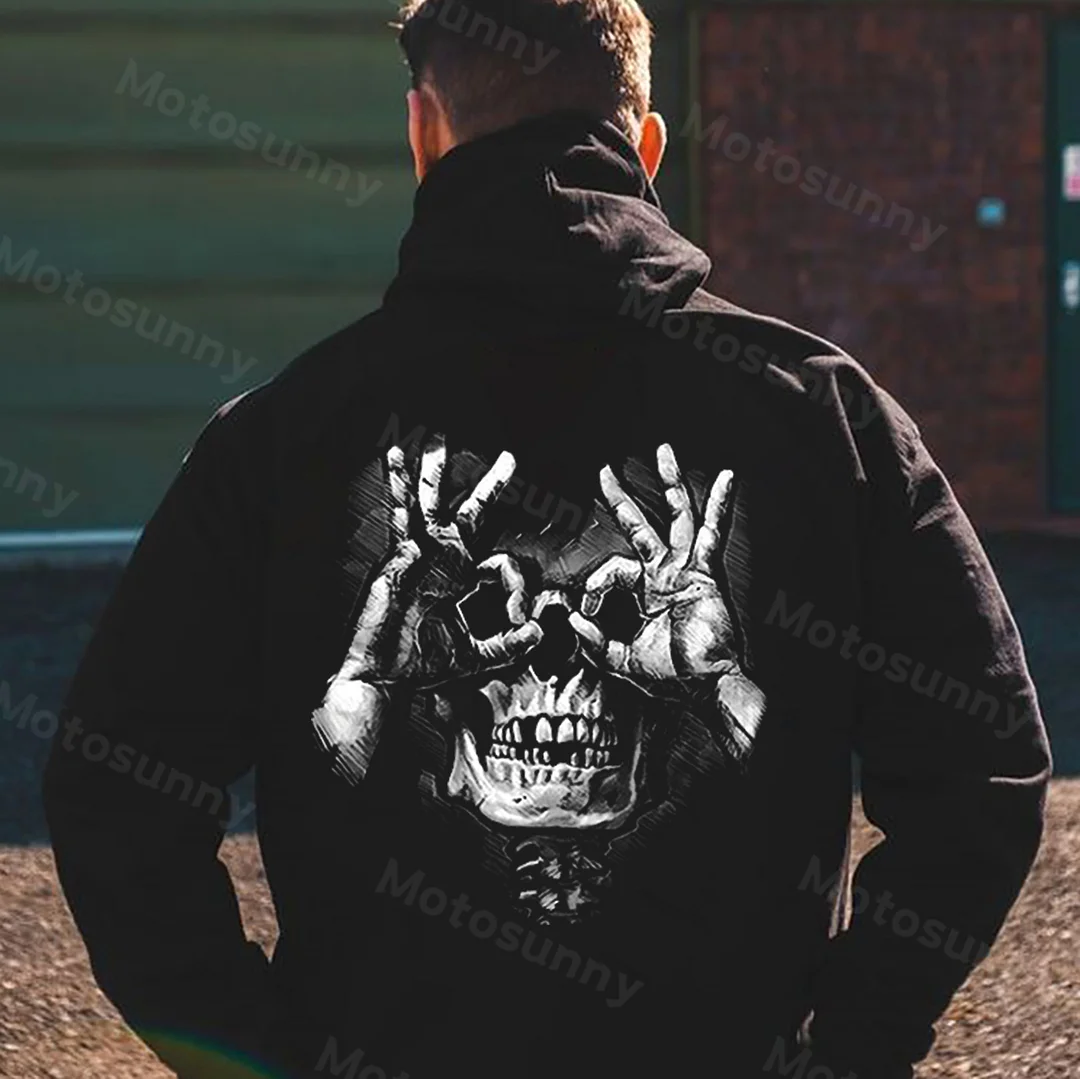 MOTOSUNNY Ok Hand Gesture Skeleton Casual Graphic Black Print Hoodie