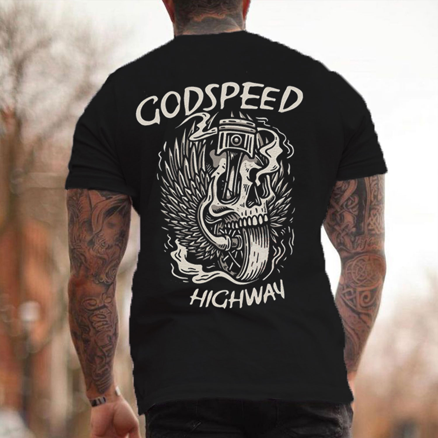 MOTOSUNNY GODSPEED HIGHWAY Skull with Tire Casual Graphic Black Print T ...