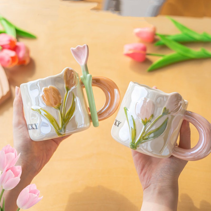 Girls Coffee Cup With Spoon Tulip Ceramic Mug
