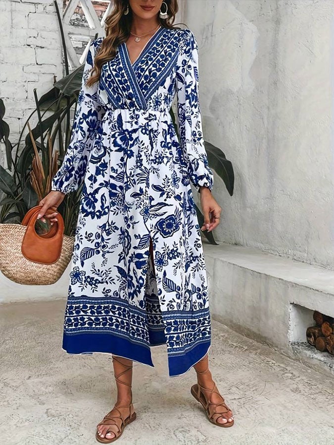 Women's blue and white porcelain print V-neck dress