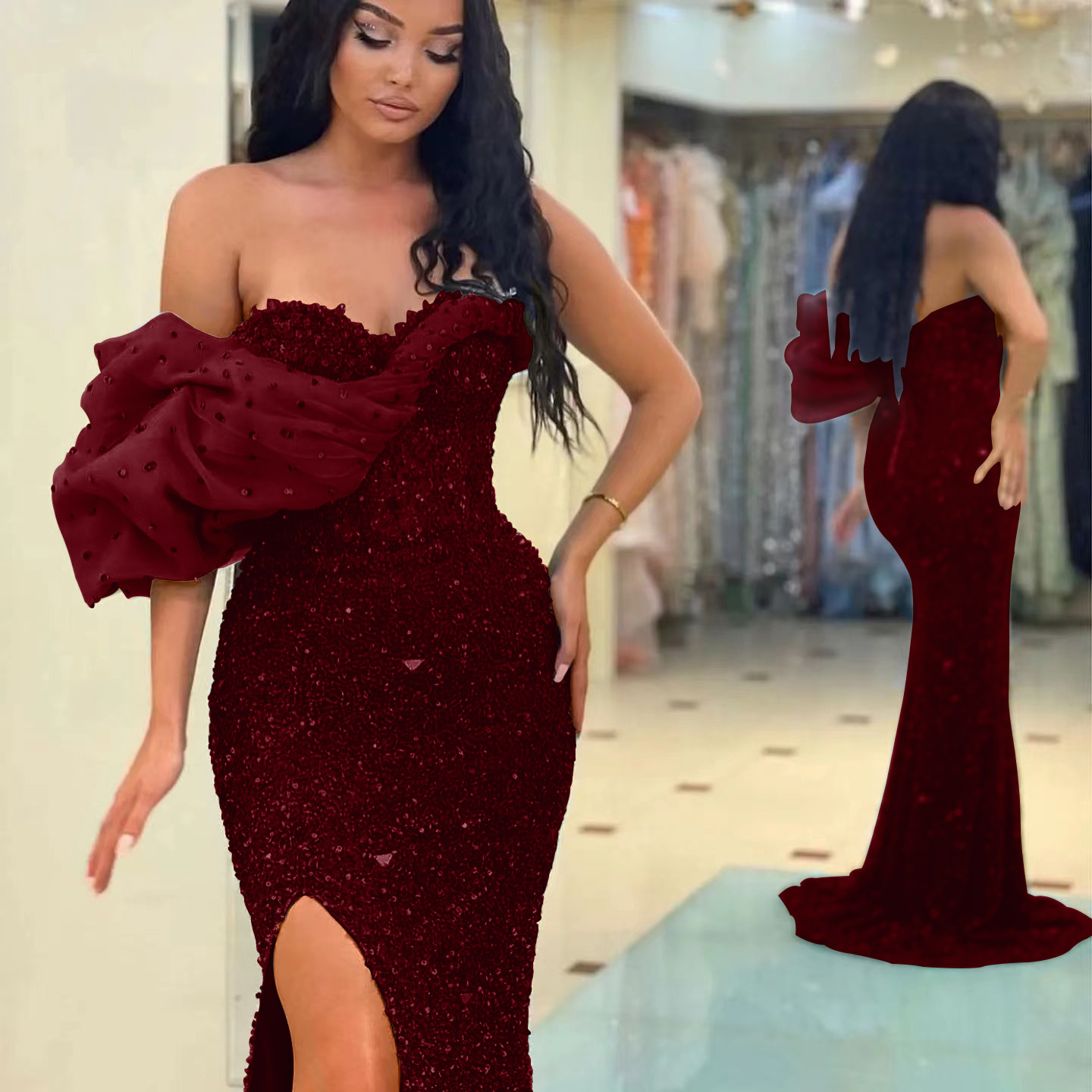 Daisda Amazing One Shoulder Sweetheart Mermaid Split Evening Dress With Sequins Off-The-Shoulder