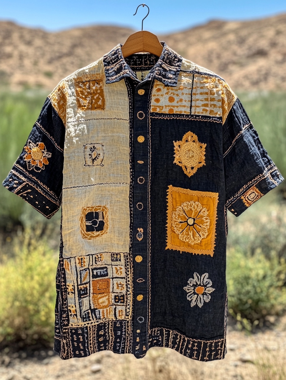 Men's Retro Stitching Contrast Totem Linen Shirt 30.99 menweary