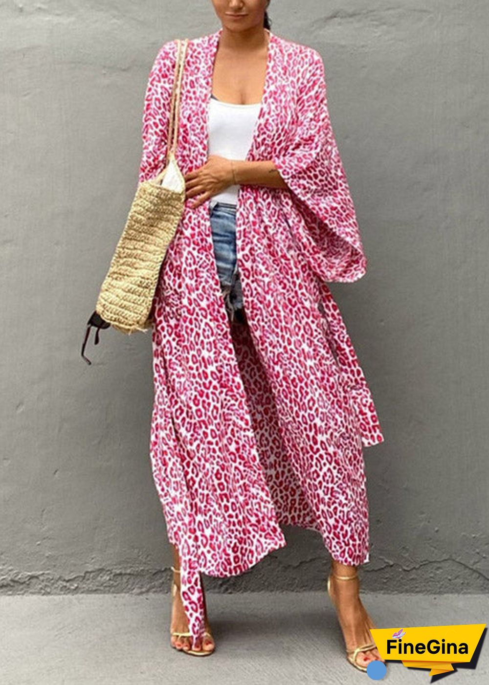 FineGina Pink V Neck Dot Tie Waist Cotton Maxi Beach Cardigans Long Sleeve