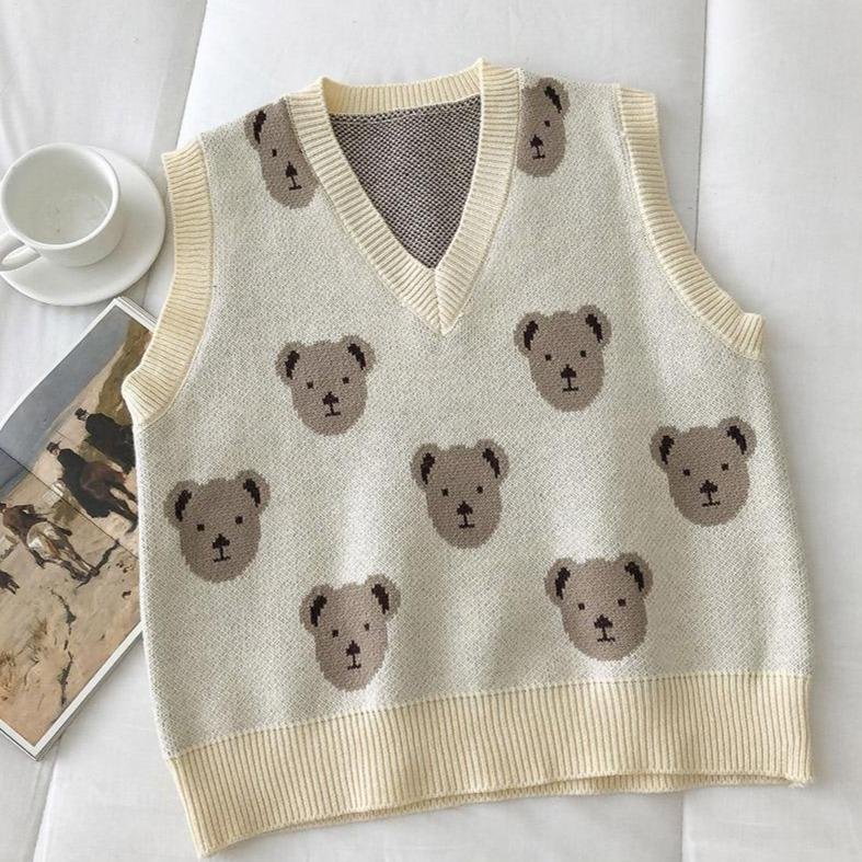 BEAR CARTOON V-NECK KNIT VEST