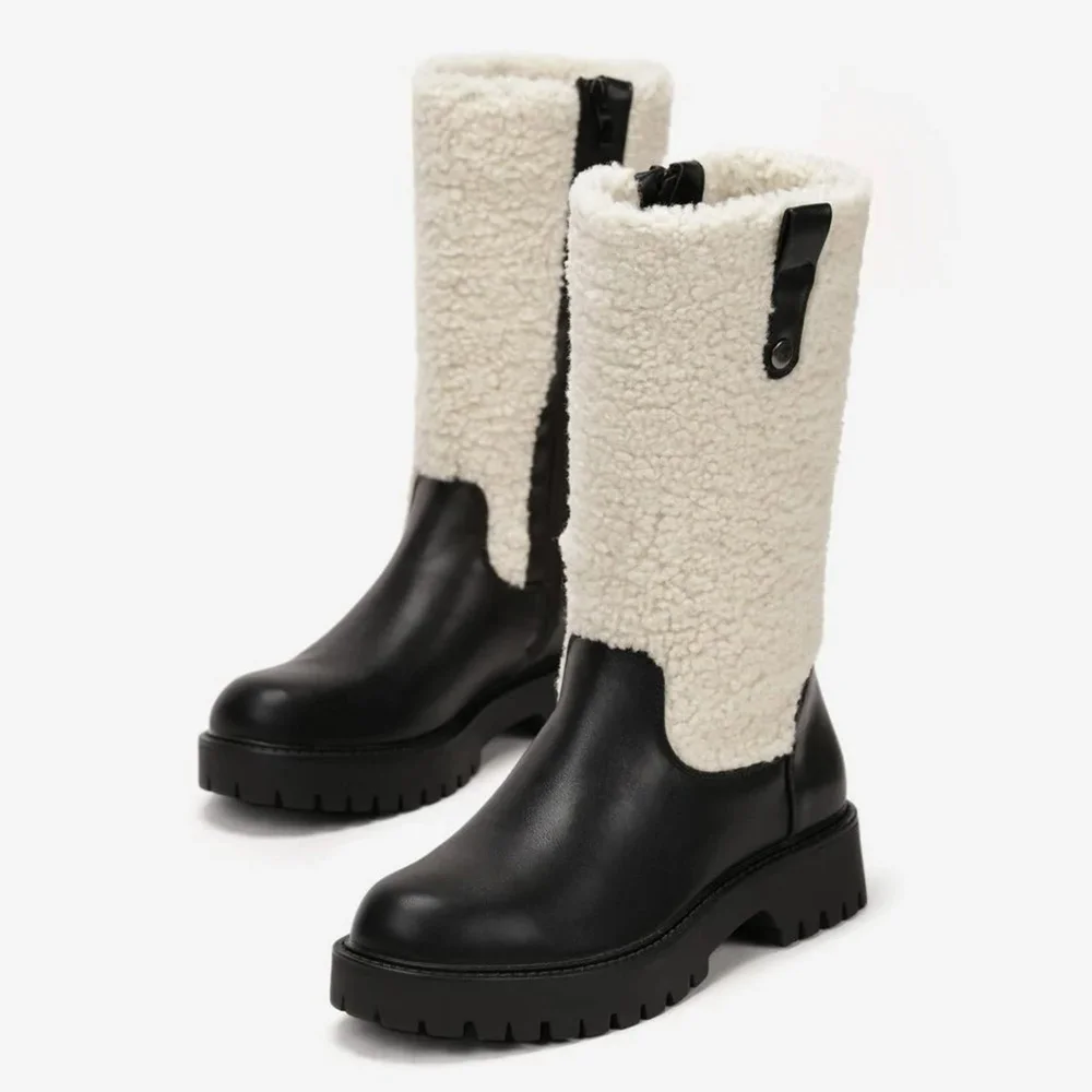 Black & White Round Toe Platform Block Heel Mid Calf Boots for Women