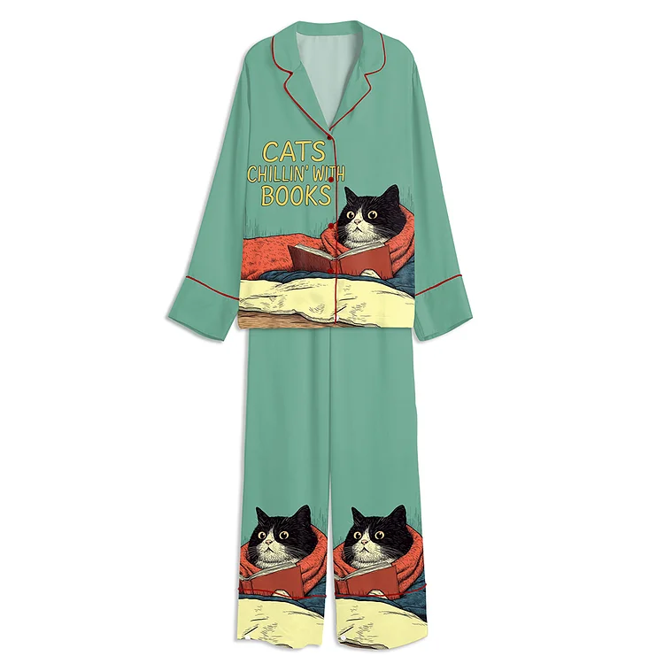 Tokyover Cats Chillin' With Books Unisex Long Sleeve Satin Pajama Set