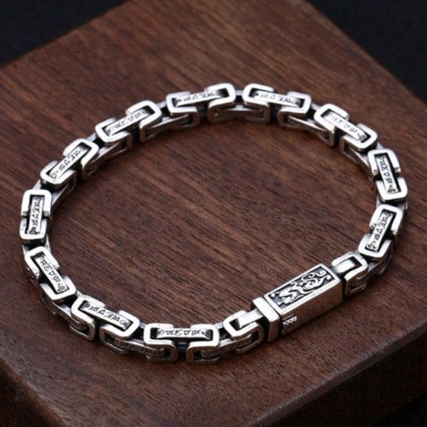 Sterling Silver Six Character Truth Dragon Square Byzantine Chain Bracelet