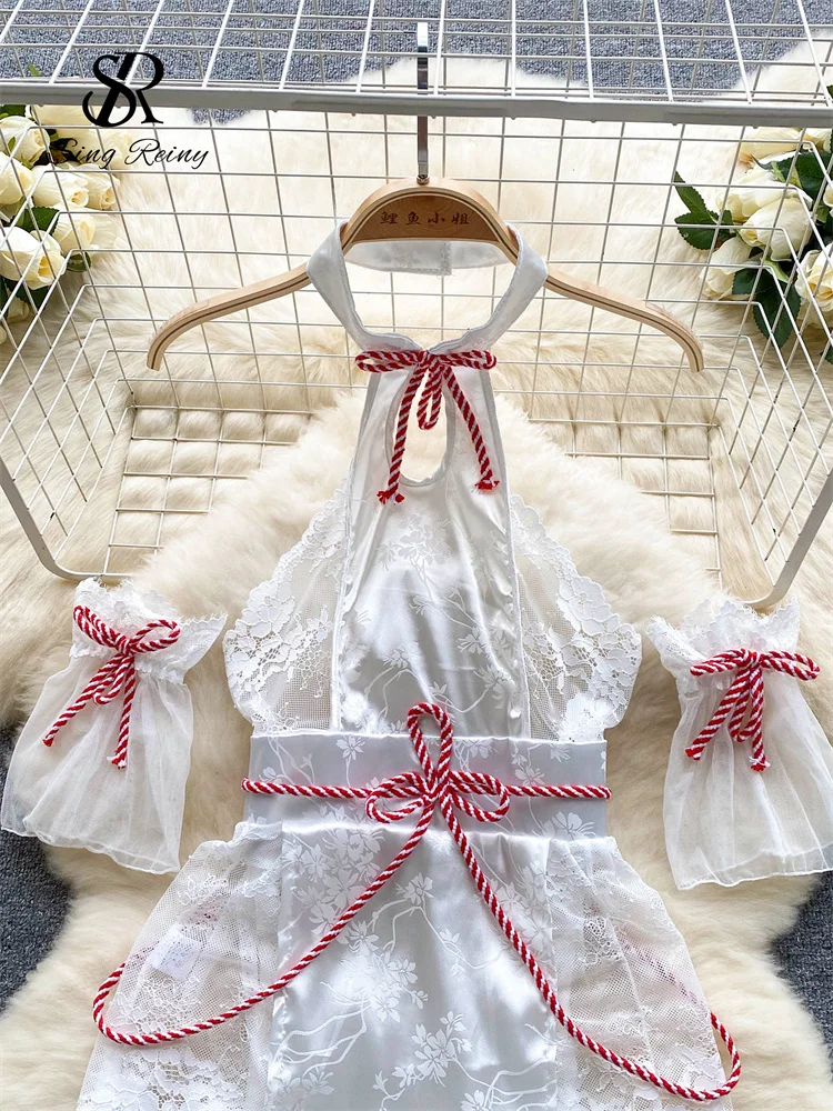 Uaang Chinese Cheongsam Sexy Sheer Dress+Thongs Halter Print Satin Lace ...