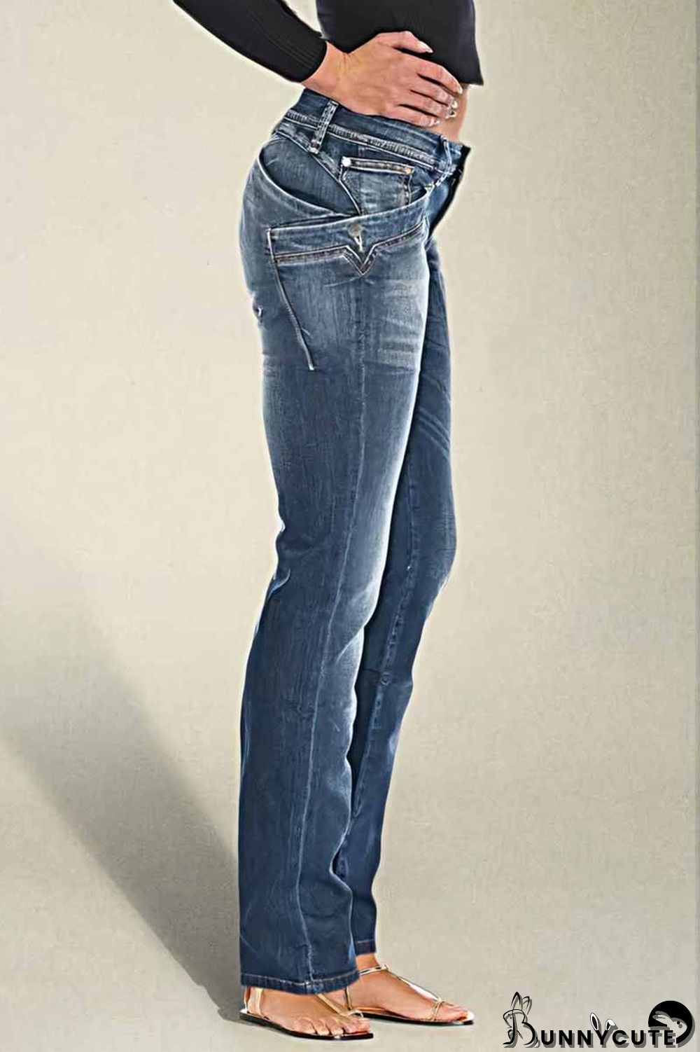 Washed Overlap Pocket Side Low Rise Bootcut Jeans
