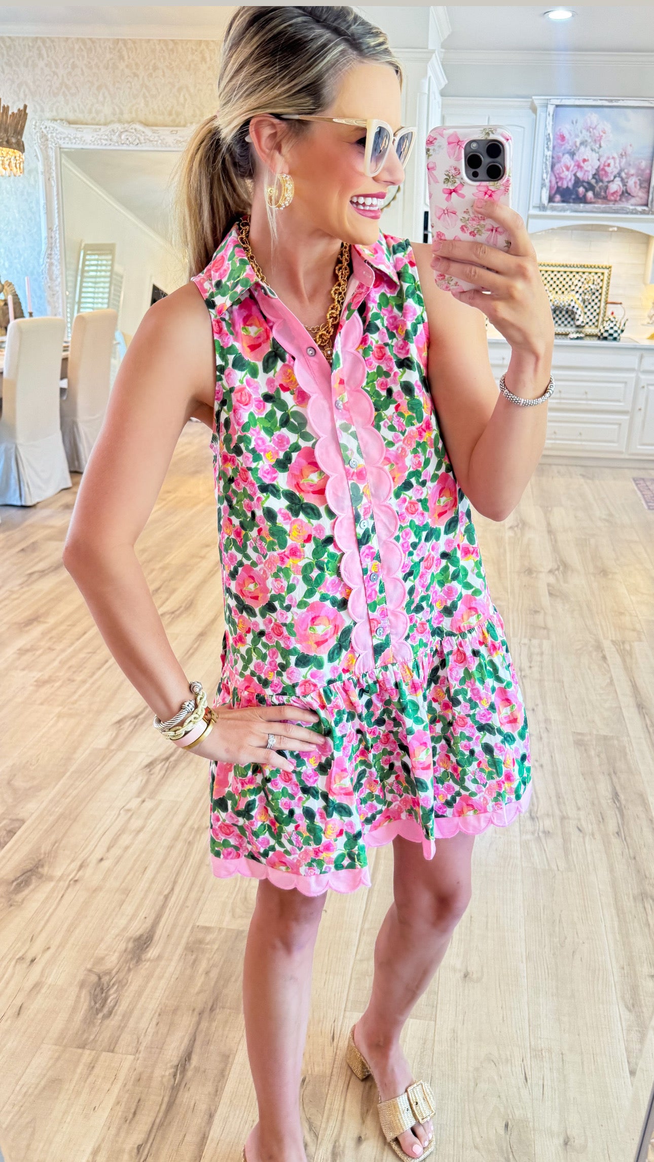 Pink and Green Floral Ric Rac Trim Mini Dress