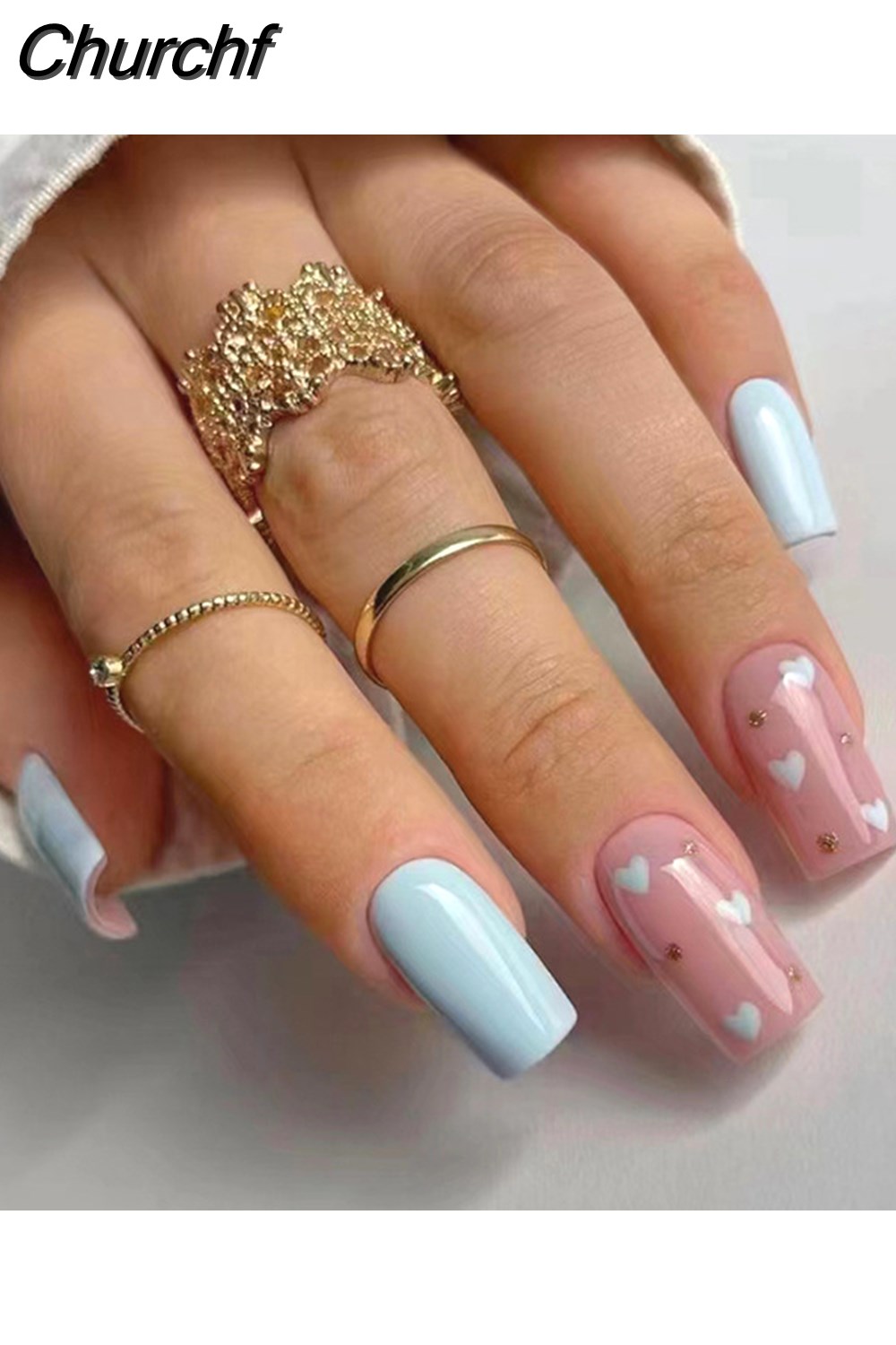 Churchf Square False Nails French Black Love Pattern Silver Black Line ...