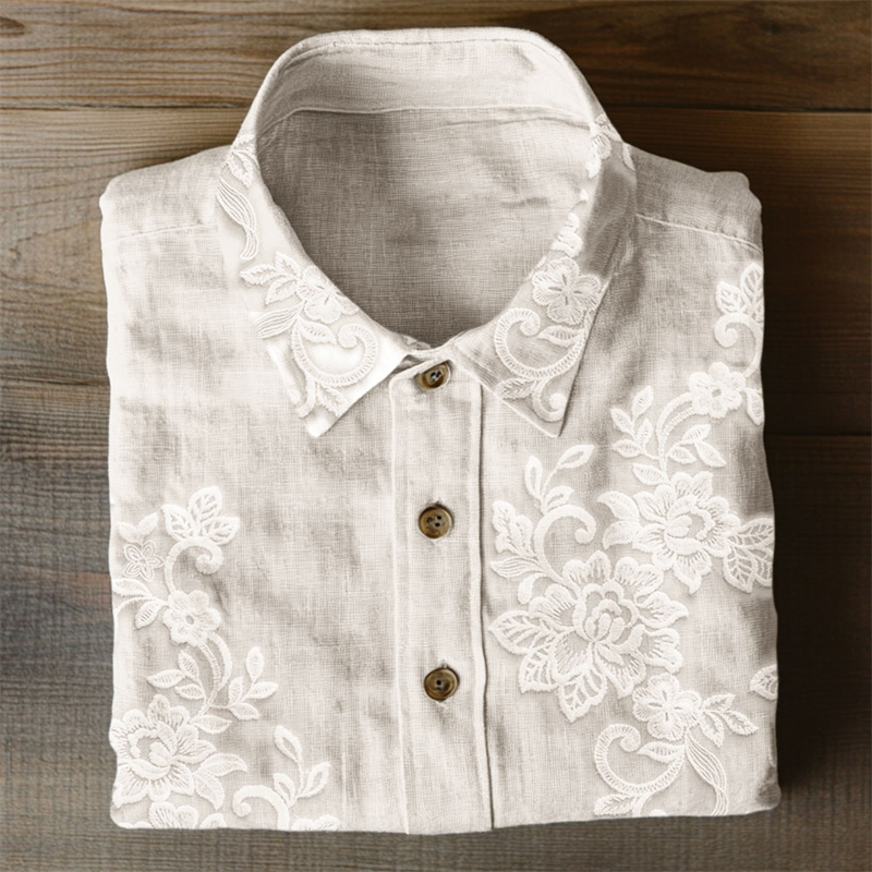 Classy Floral Embroidered Lace Linen Blend Blouse 36.99