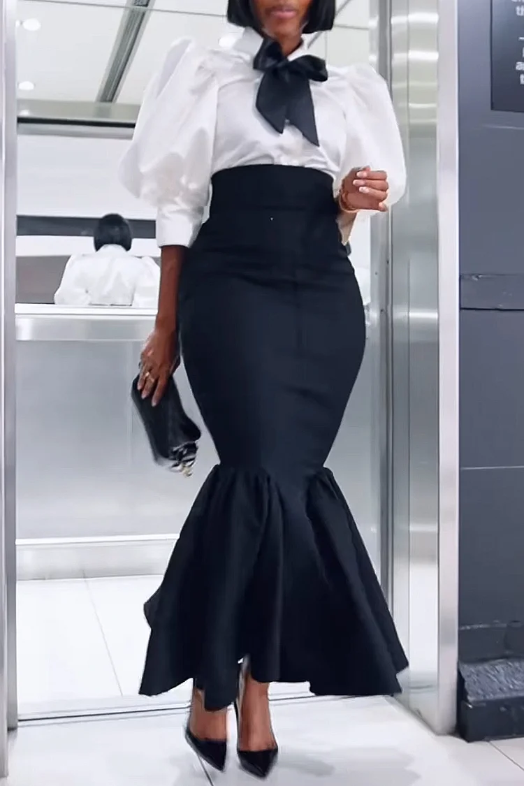 Plus Size Business Casual Black Elegant Shirt Collar Lantern Sleeve 3/4 ...