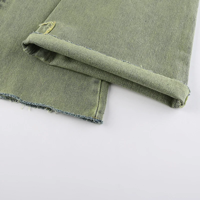 GREEN EMBROIDERED RAW EDGE WASHED JEANS