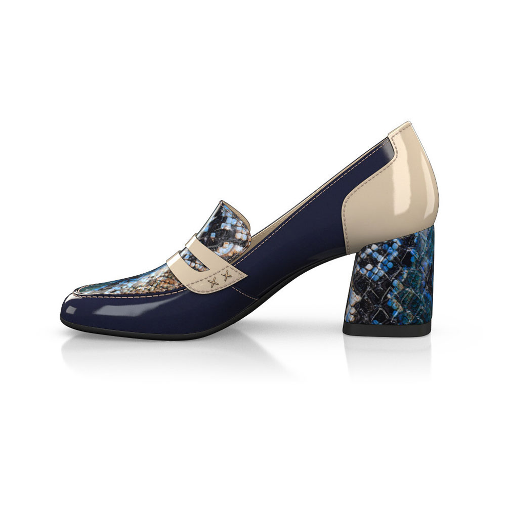 Navy & Beige Patent Leather Snakeskin Print Block Heeled Loafers