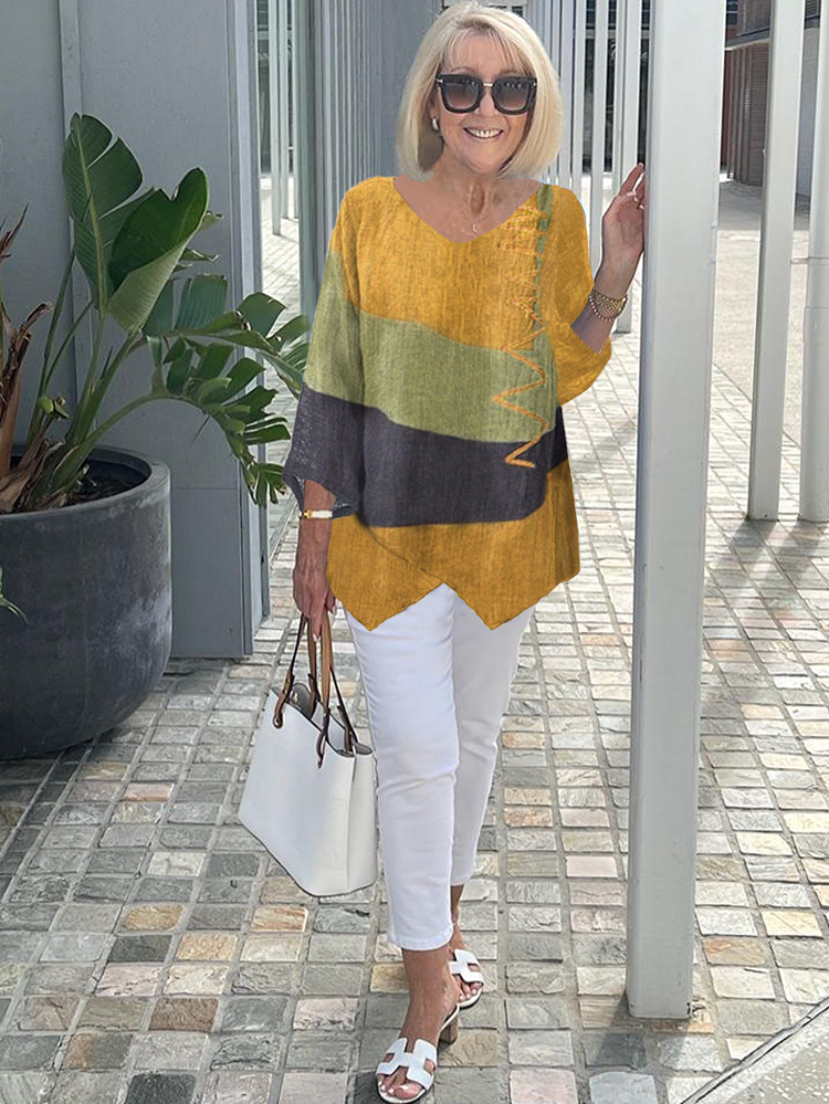 Plus Size Casual Loose V-neck Irregular Hem Art Print Long Sleeve Tops