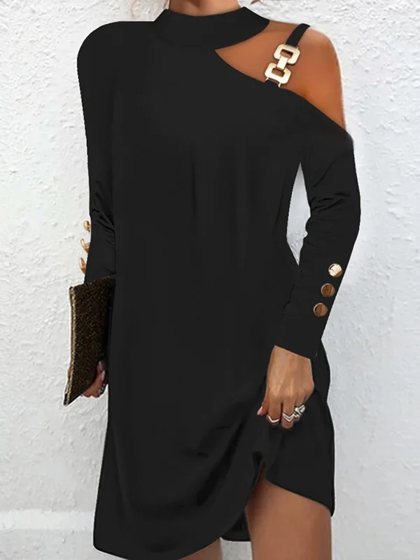 Long Sleeves Asymmetric Hollow One-Shoulder Mini Dress with Buckle Detail