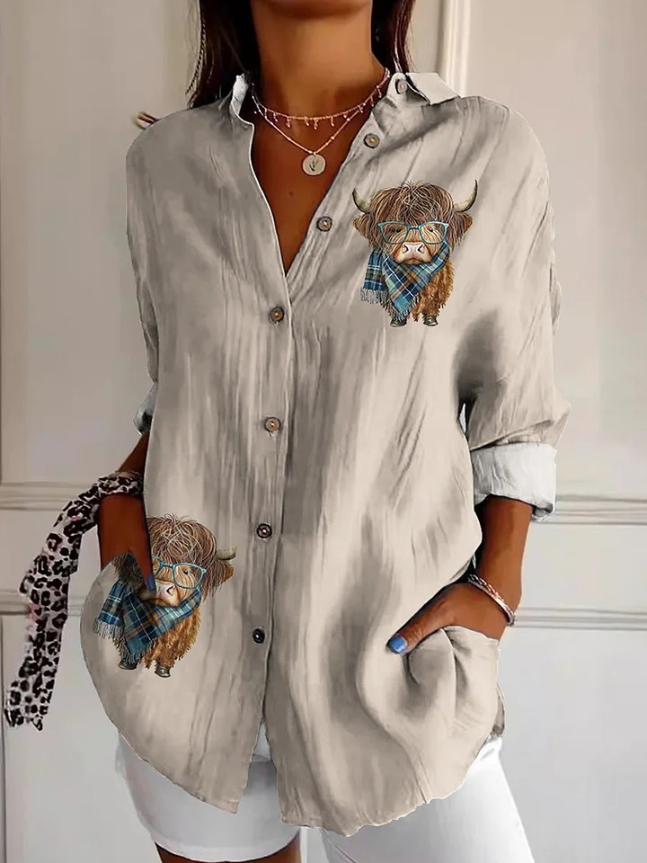Highland Cow Print Lapel Linen Blend Shirt