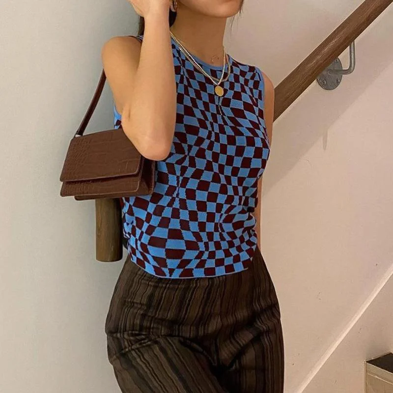 IRREGULAR CHECKERBOARD KNIT TANK TOP
