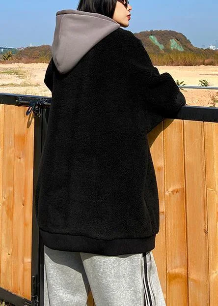 Women hooded zippered spring clothes black fuzzy wool tops