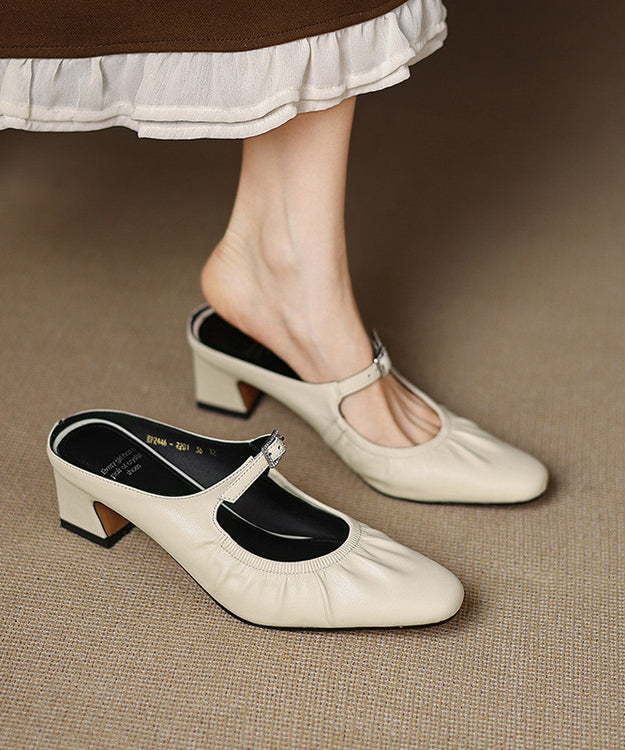 French Wrinkled Splicing Chunky Heel Beige Sheepskin